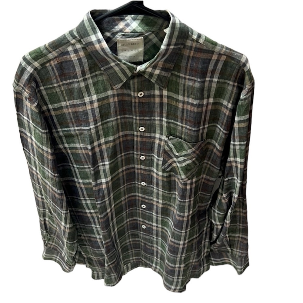 Billy Reid Mens Plaid Linen Button Down - Gem